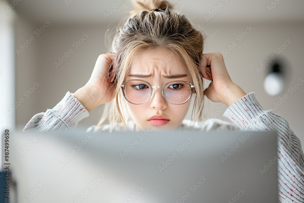 Woman adjusting her glasses while squinting at a monitor cluttered desk ...