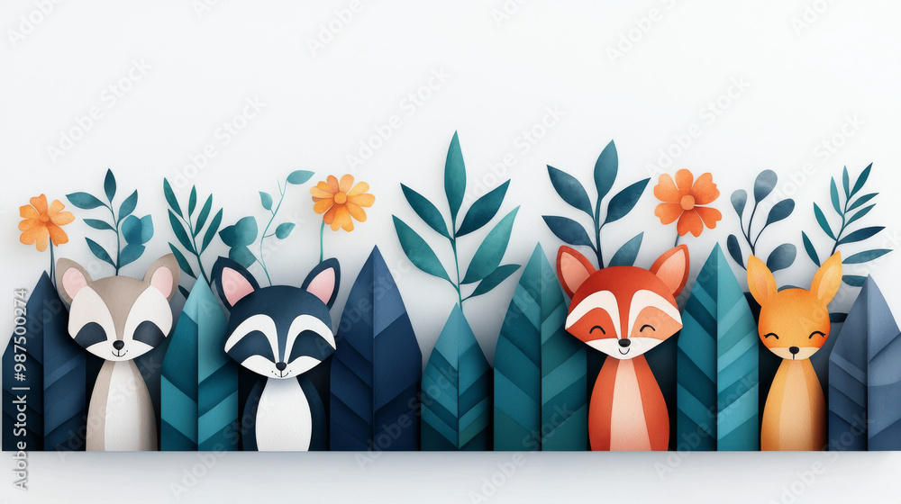 Cute papercraft animals in a forest setting. Stock Illustration | Adobe ...