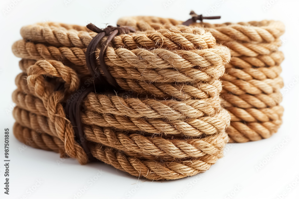 A photograph of jute ropes in various sizes and weights on a white ...