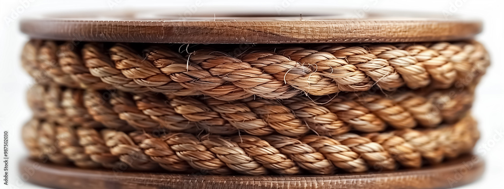 Wide image of jute ropes in various sizes and weights on a white ...