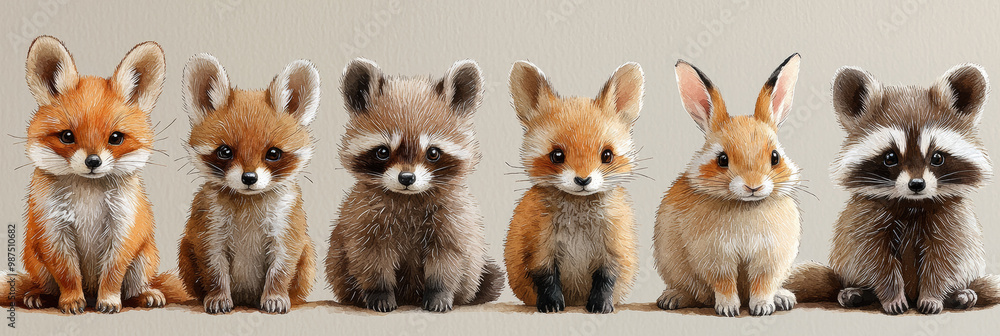 Six adorable baby animals - two foxes, a raccoon, a rabbit, and two ...