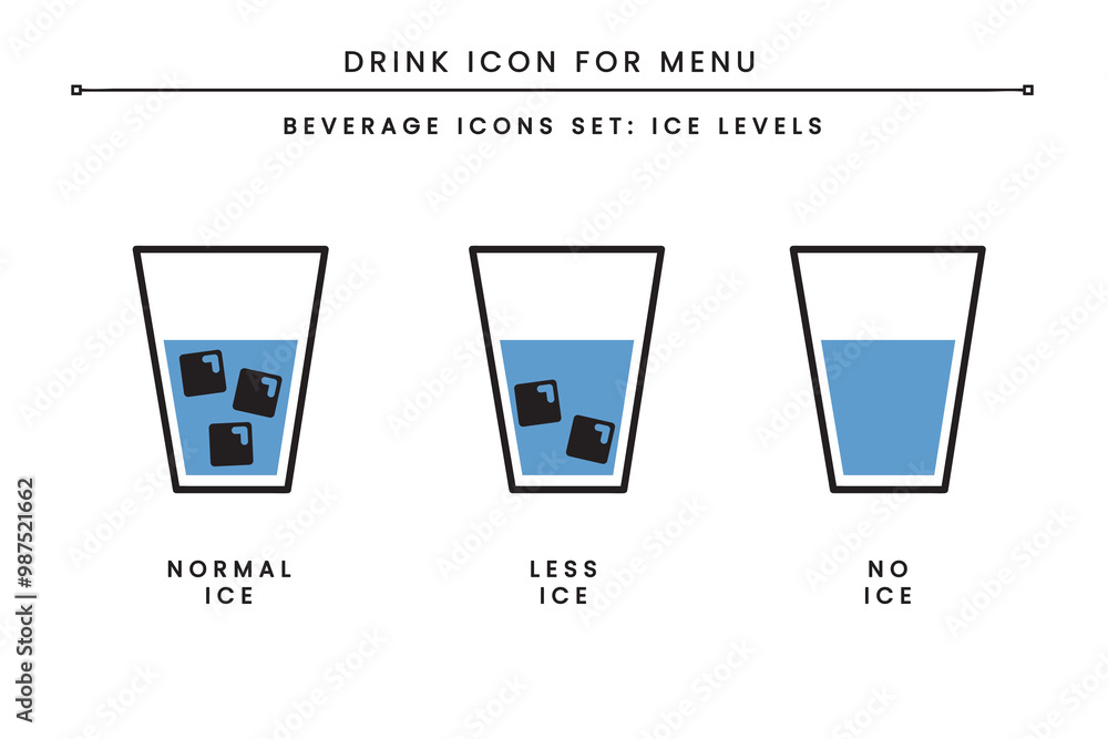 Drink Beverages Icon Set for Menu. Ice levels. Normal ice, Less Ice, No ...