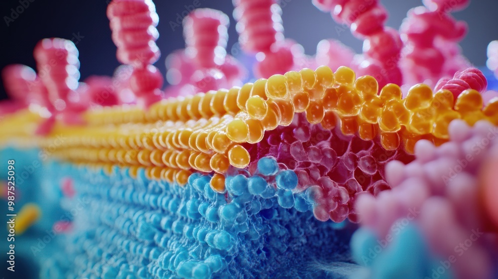 3D model of the cellular membrane with proteins and receptors, showing ...