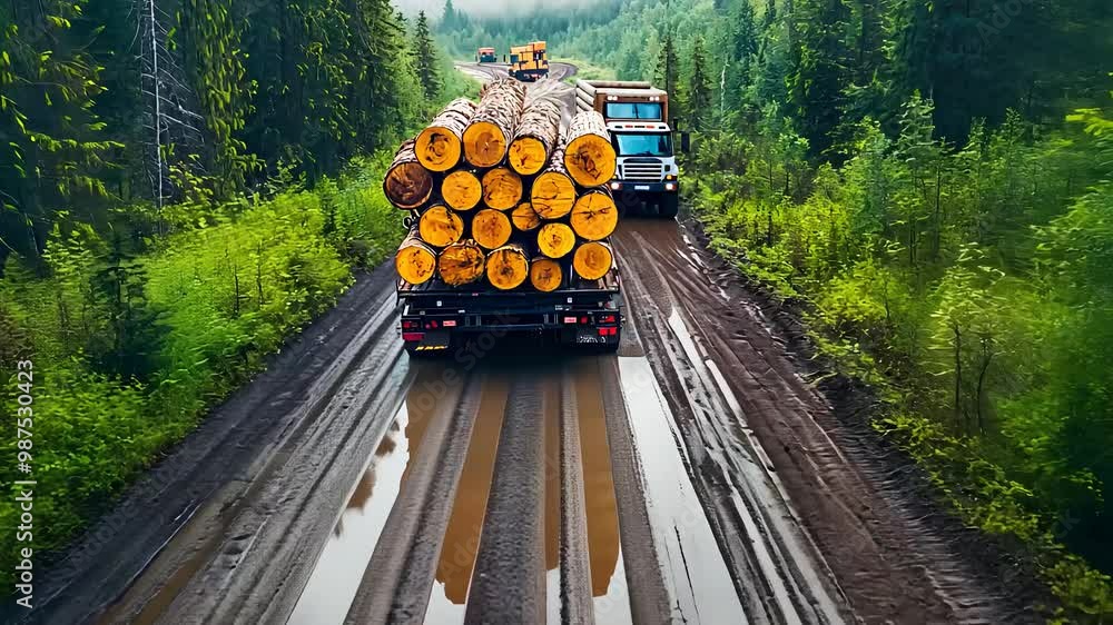 Logging truck transporting large timber logs on a muddy forest road ...