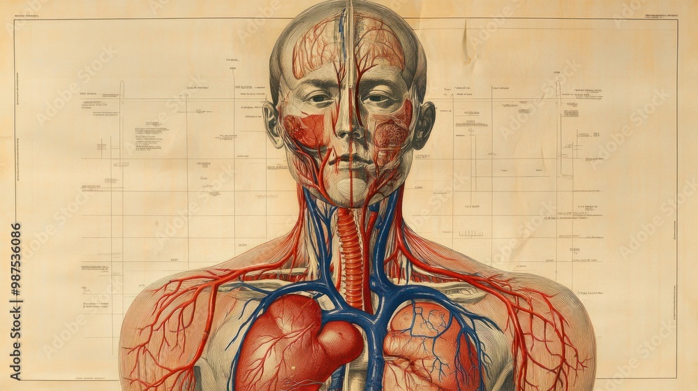 Medical chart showing a detailed diagram of the circulatory system ...