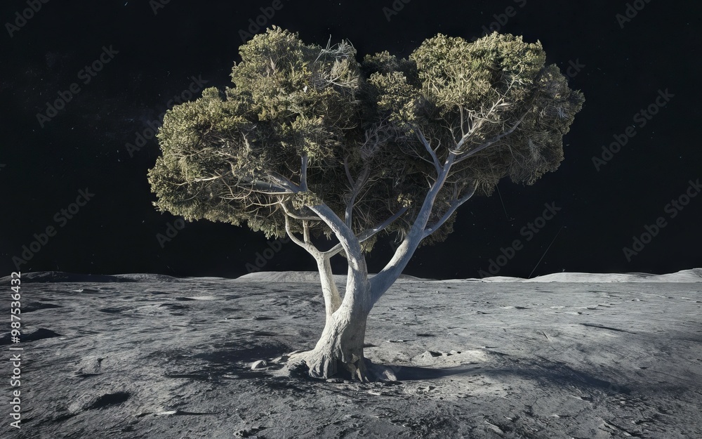 Tree on moon surface. Single tree growing on a barren lunar surface ...