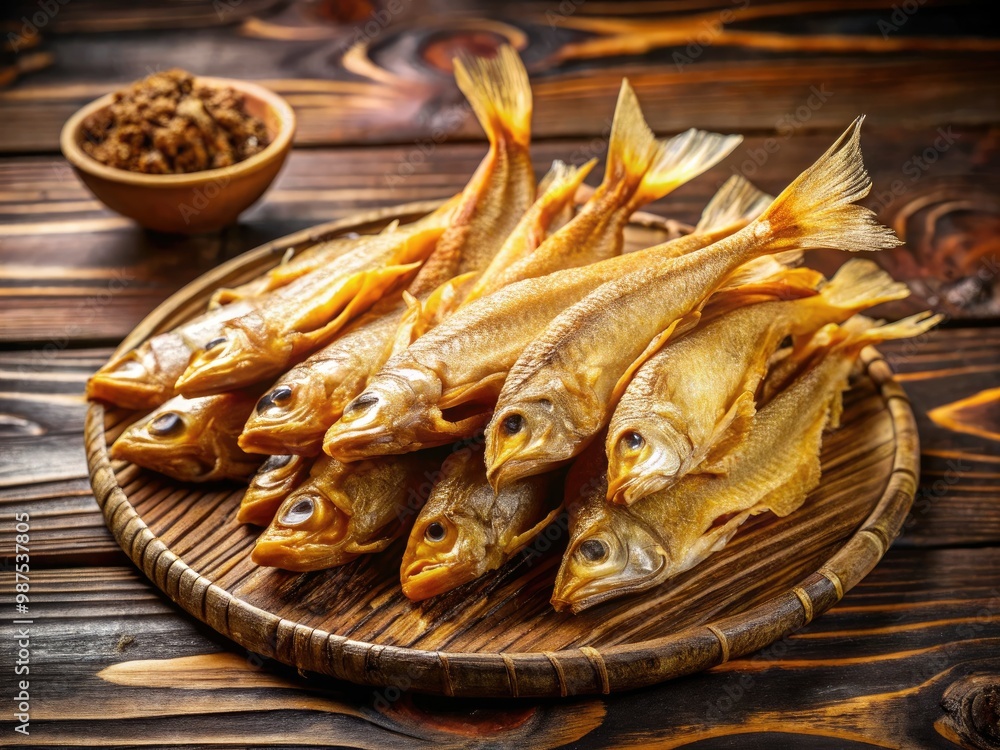 Golden dried fish bladders adorn a rustic wooden platter, a centuries ...