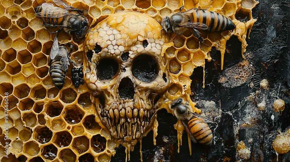 Skull with bees and honeycombs on its face in front of wall of ...
