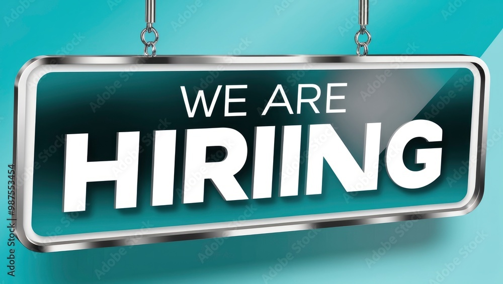 Hanging We Are Hiring sign, teal background, new staff needed Stock ...