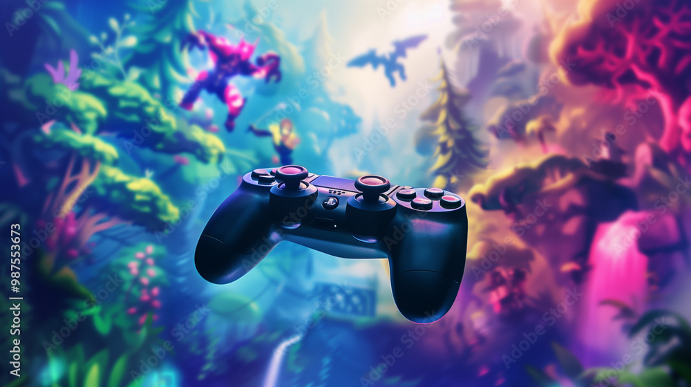 Close-up of joystick controller hovering over vibrant video game screen ...