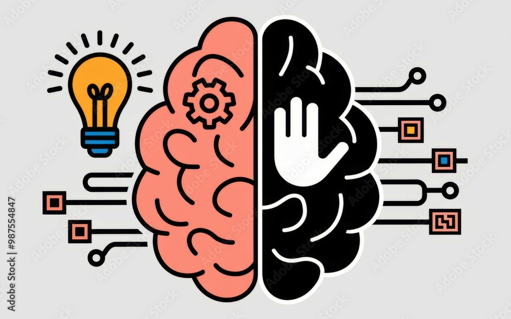 Brain idea concept. Human brain with an idea light bulb and cogwheel ...