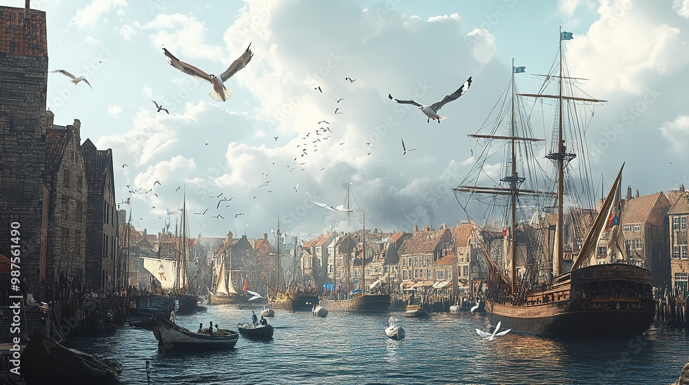 Harbor scene with sailing ships, bustling docks, and seagulls above in ...
