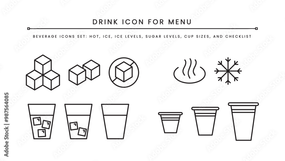 Drink Beverages Icon Set for Menu. Hot Ice, Cup sizes, sugar levels ...