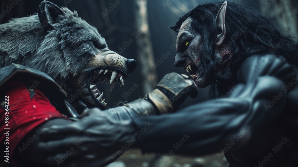 A werewolf and a vampire face off in a dark, menacing forest. Their ...