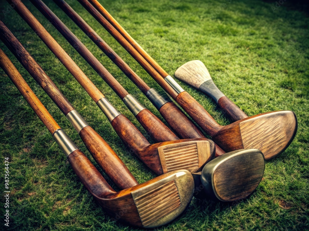 Vintage golf clubs made of wood lean against each other on a lush green ...