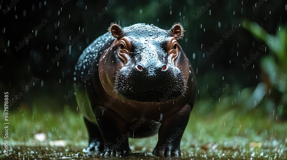 Pygmy hippo standing in the rain, water droplets sparkling on its shiny ...