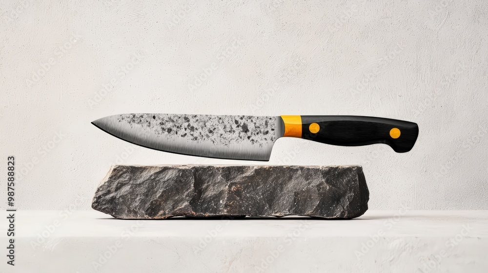 Elegant kitchen knife resting on a stone, showcasing a blend of ...