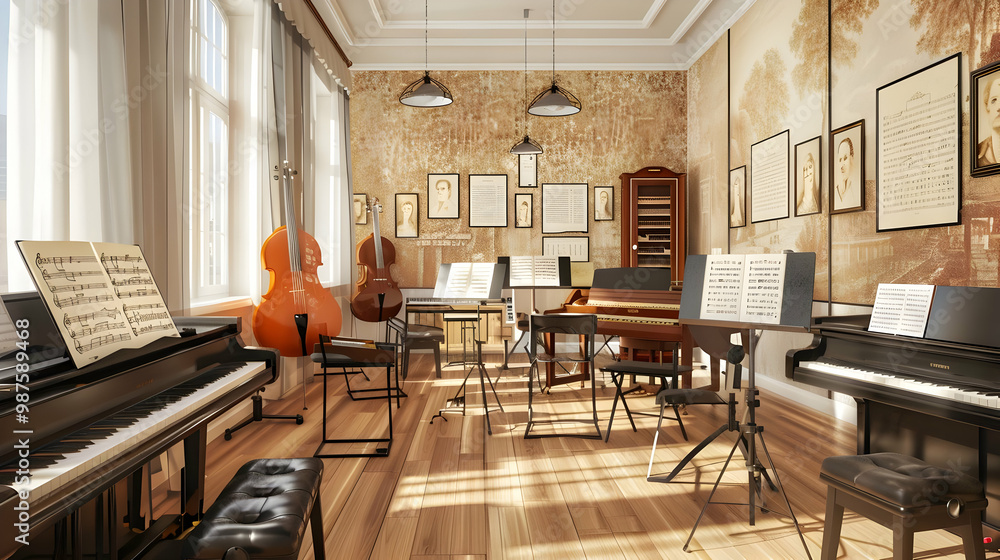 Music Room Interior Design Grand Piano Double Bass and Sheet Music ...
