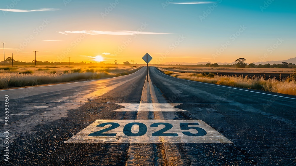Road to 2025 with an empty road with written "2025" and arrow pointing ...
