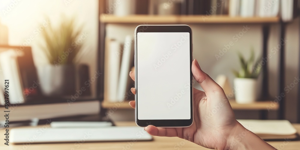 Hand holding isolated smartphone device mockup with blank empty white ...
