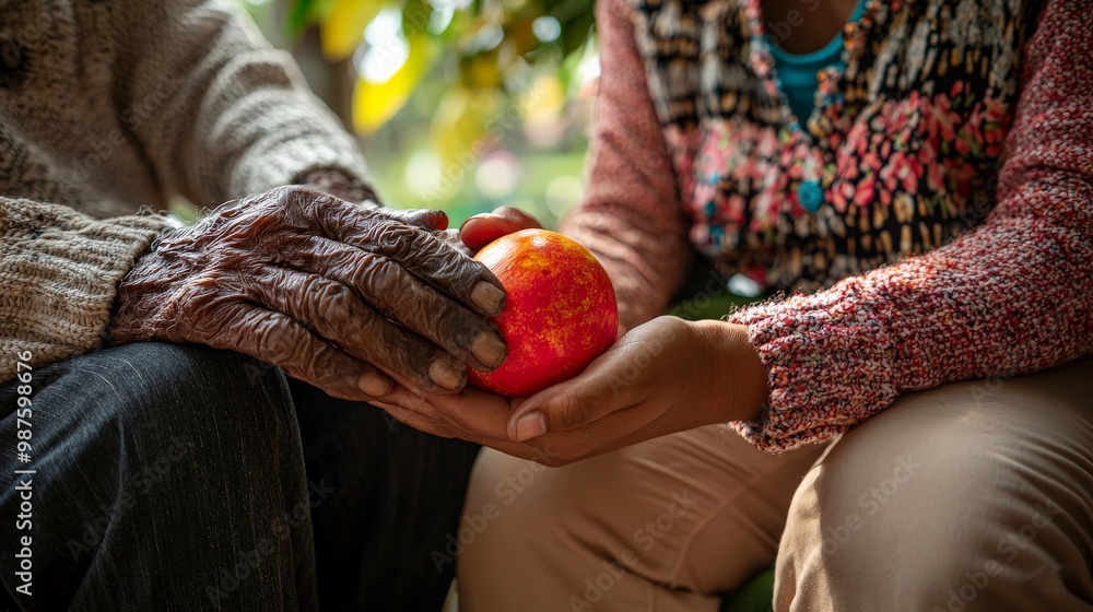 Elderly person being assisted by a young caregiver of a different ...