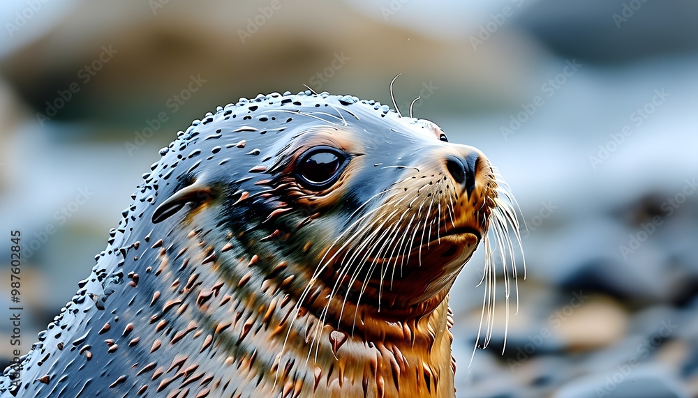 Intimate portrait of a Common seal resting on rocky coastal landscape ...