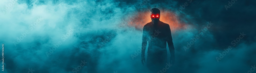 A shadowy, humanoid figure with glowing red eyes emerges from dense fog ...