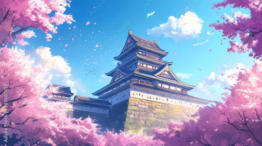 Japanese castle at spring in landscape anime cartoon illustration from ...