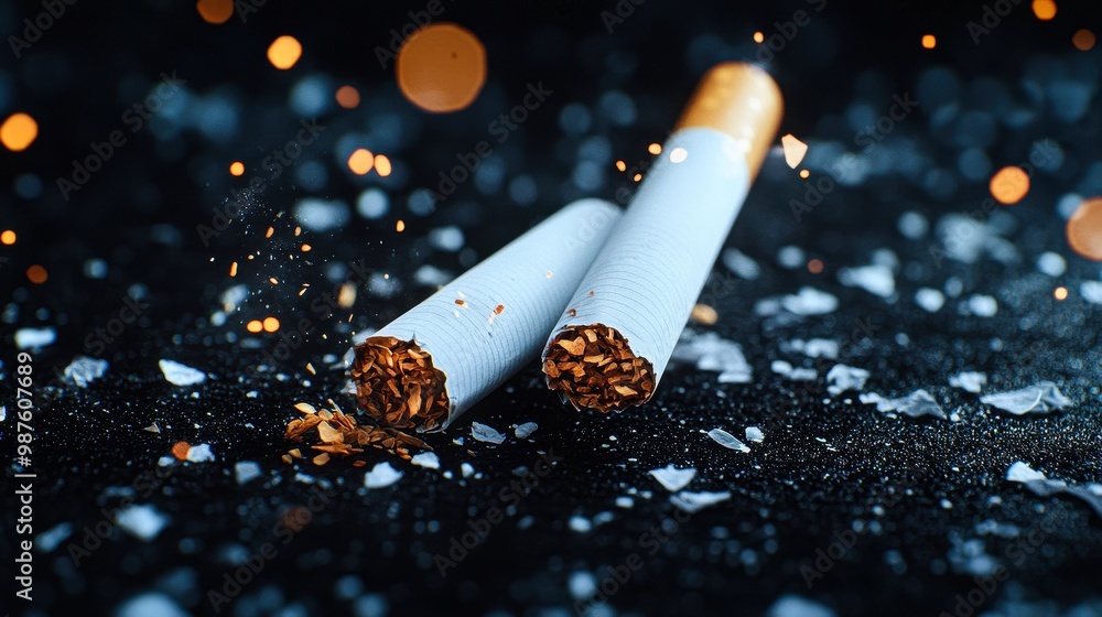 Two cigarettes with scattered tobacco and glowing embers highlight the ...