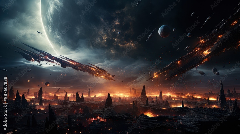 Dramatic sci-fi landscape featuring a war-torn alien planet with fiery ...