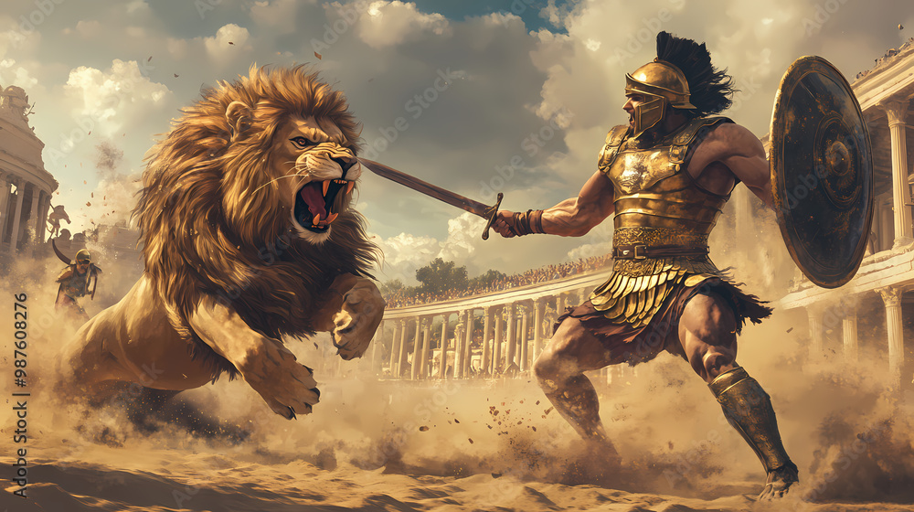 Gladiator and lion fighting on sand pit, fantasy image dynamic ,epic ...