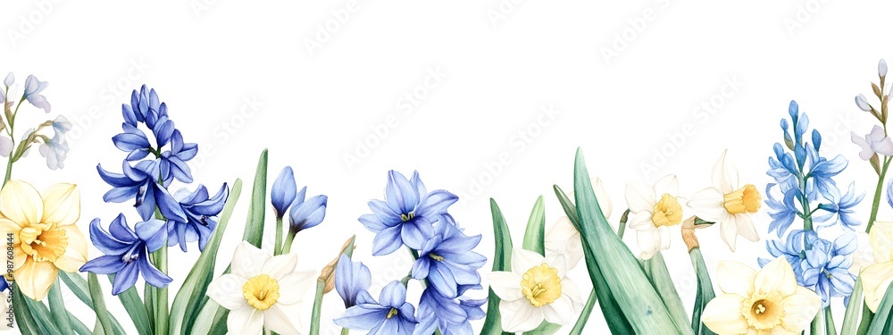 Blue and white flowers, hyacinth border on the right side, watercolor ...