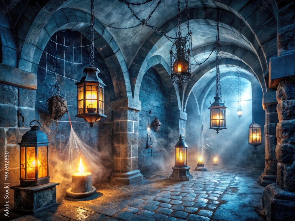 Spooky medieval-style dungeon setting with flickering lanterns, cobweb ...