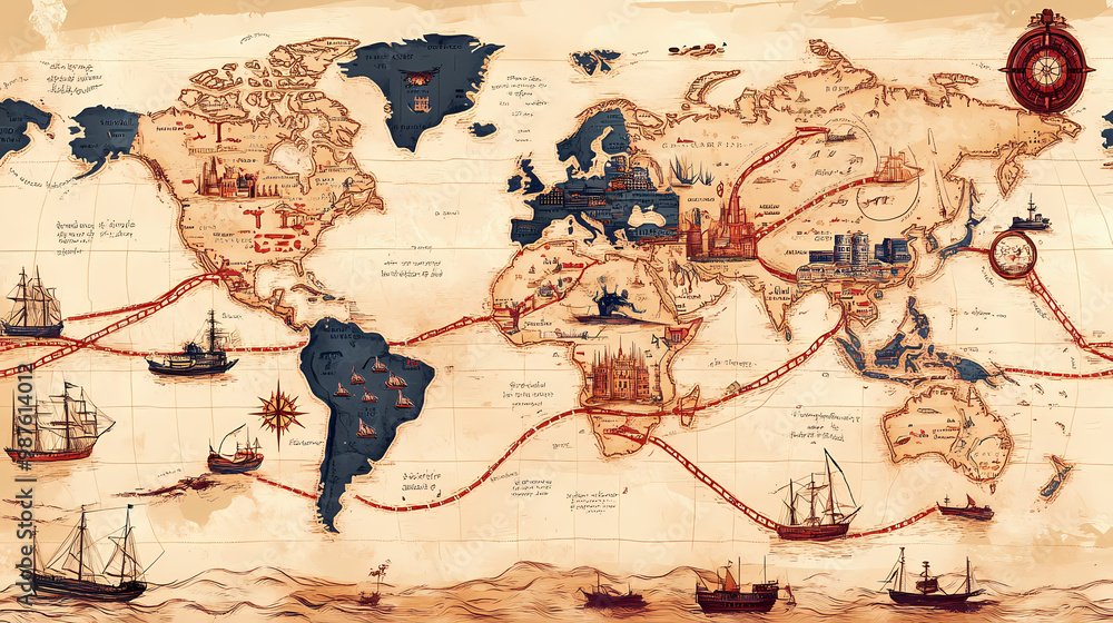 Illustrate a world map indicating the major trade routes used ...