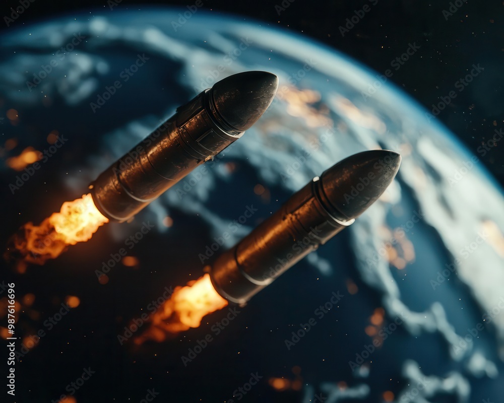 Nuclear warheads that are around a global map Real-3d Ultra-Realistic ...