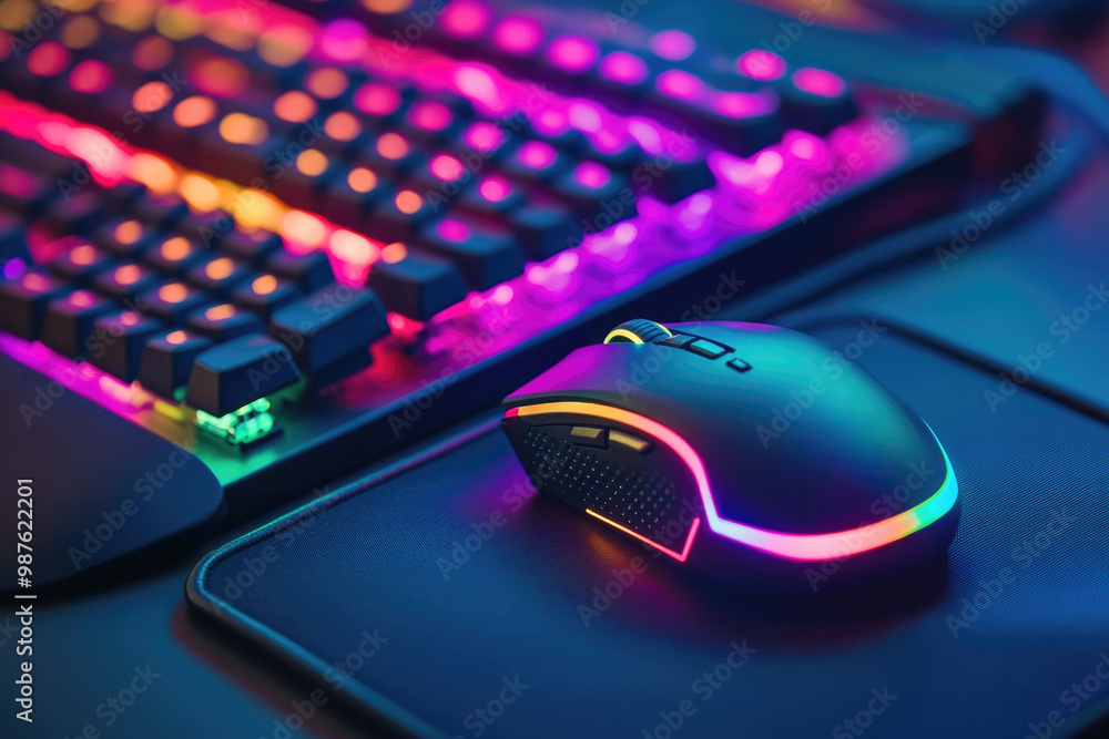 RGB-lit gaming mouse with a glowing keyboard on a desk, showcasing a ...