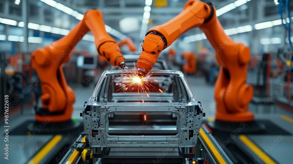 Advanced car manufacturing facility with robotic arms welding vehicle frames, high-tech ...