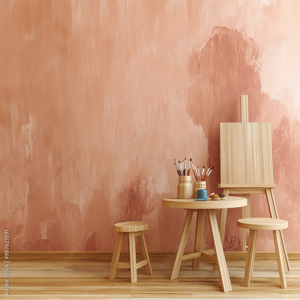 An art studio or art class background image - a muted pink plaster wall ...