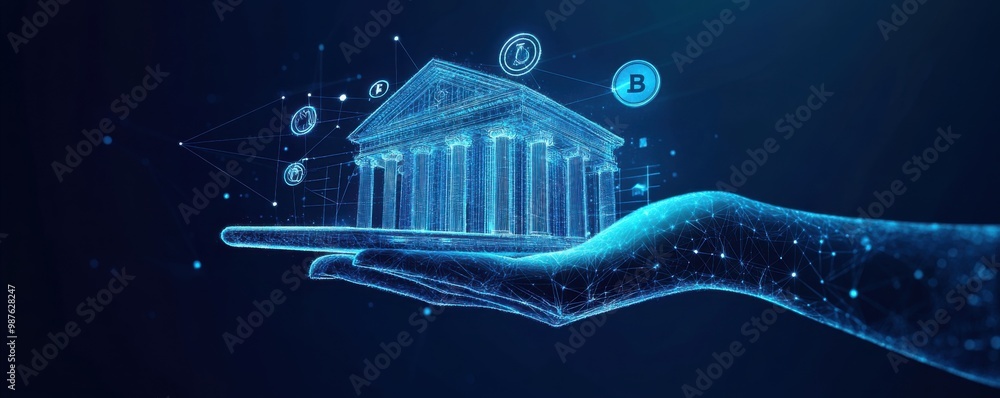 Digital representation of a hand holding a virtual bank building ...
