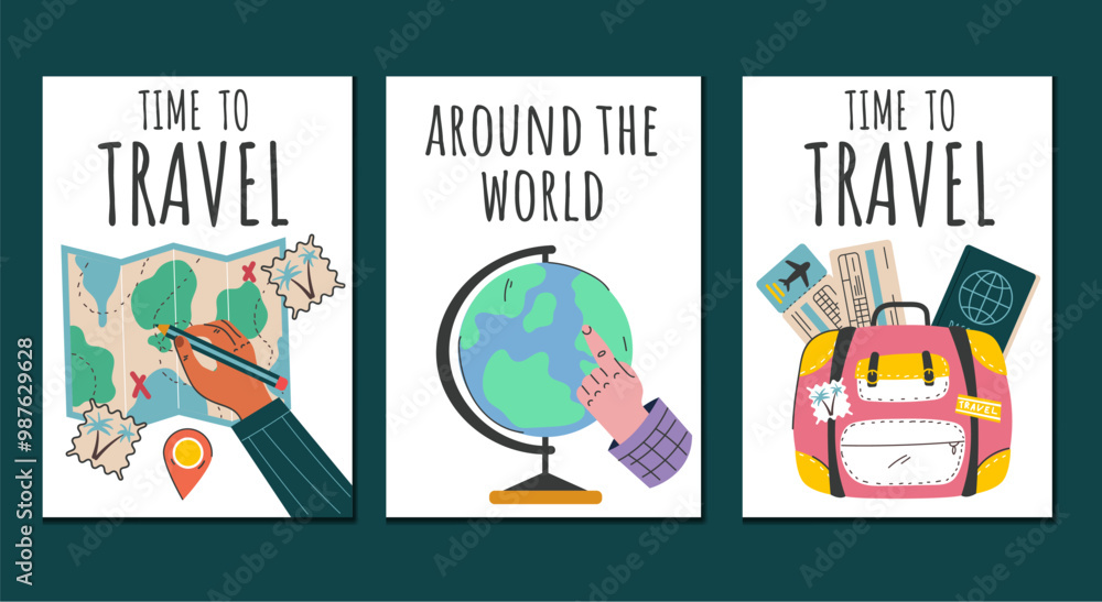 Travel card poster trip typography brochure tourism set collection ...