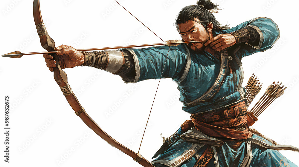 Mongol archer: a skilled mongol archer, poised with bow and arrow ...