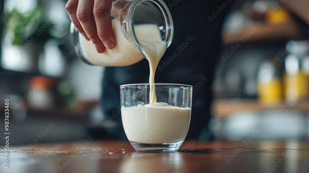 Person pouring drinking yogurt into a glass, highlighting the smooth ...