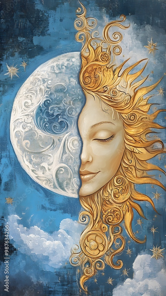 Painting of Sun and Moon Split in Half, Minimalist, Surreal, Abstract ...