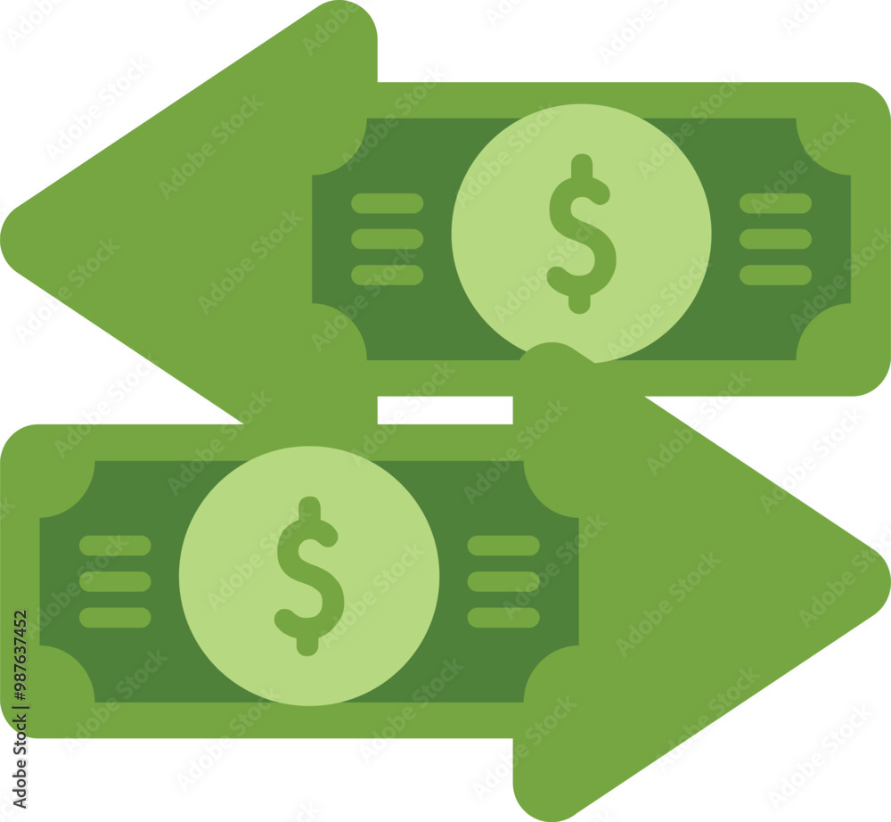 Green dollar banknotes forming two opposite arrows representing money ...
