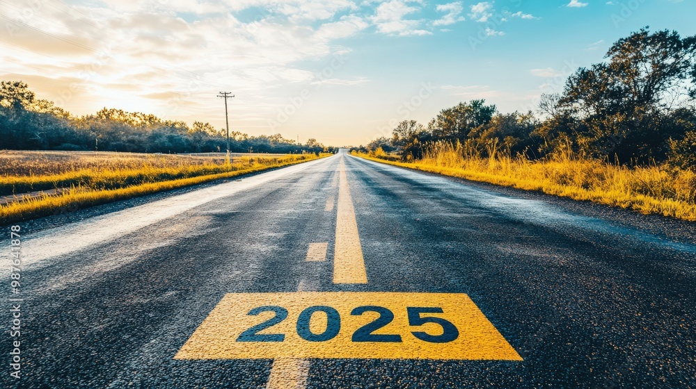 Empty highway with "2025" marking and an arrow pointing toward the ...