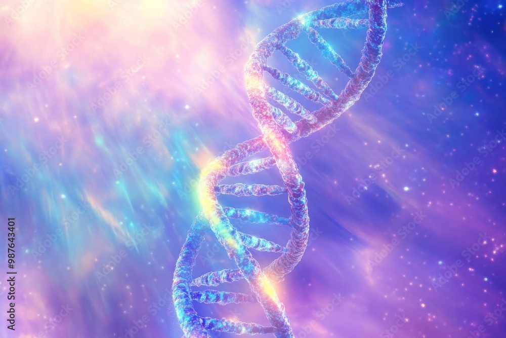 DNA double helix with rays of light against a vibrant sky background ...