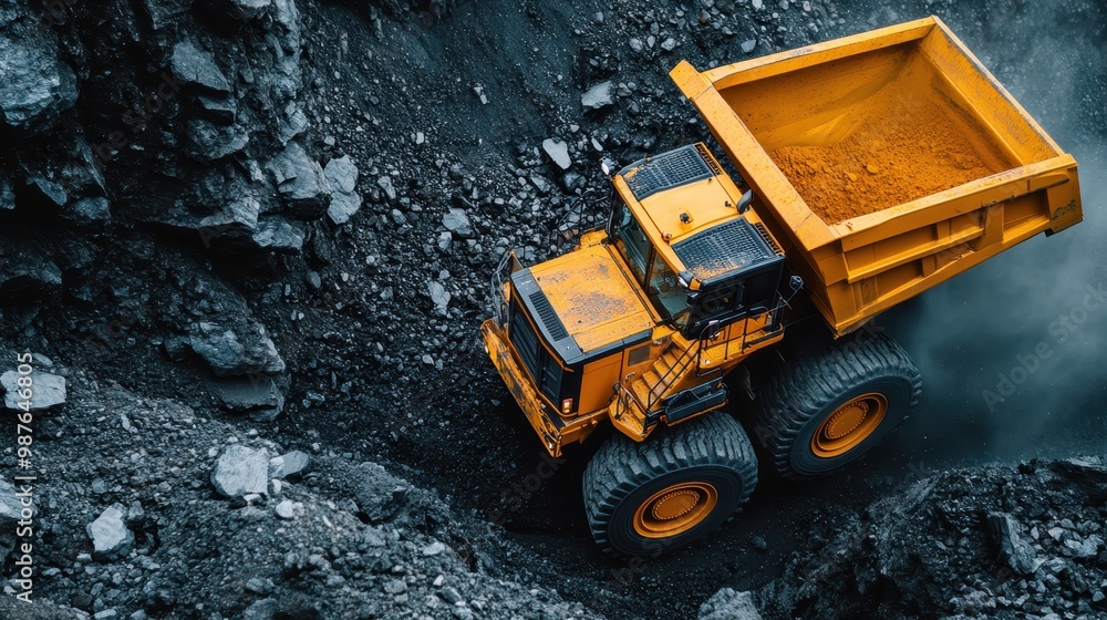 An overhead view of a bright yellow heavy-duty construction truck ...
