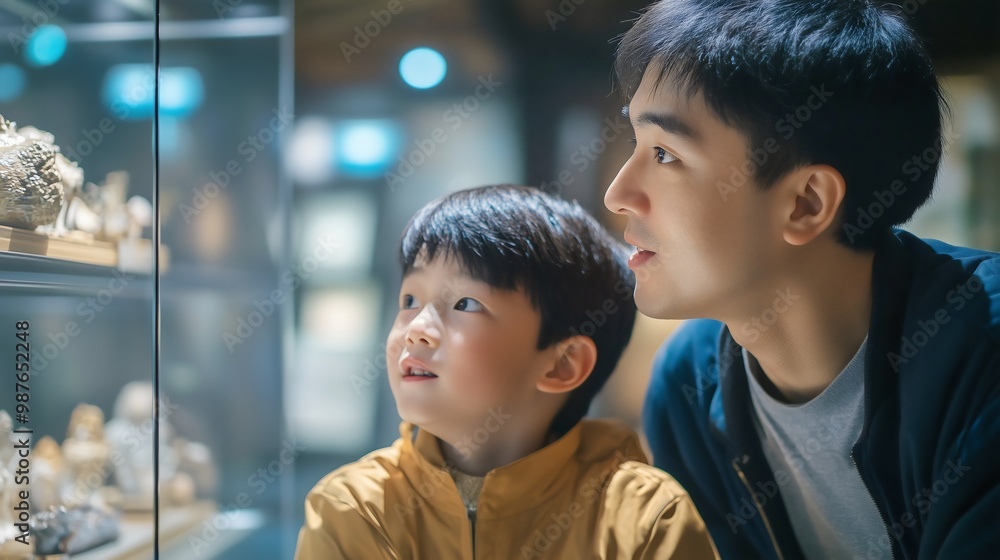 Asian father and son at a historical museum looking at ancient ...