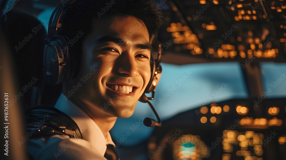 Smiling Professional Asian male pilot or crew captain in uniform with a ...