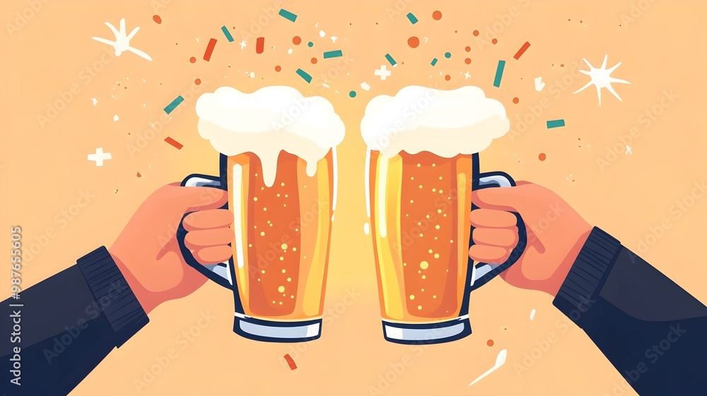 Two hands clinking beer mugs together in a celebratory in a flat design ...